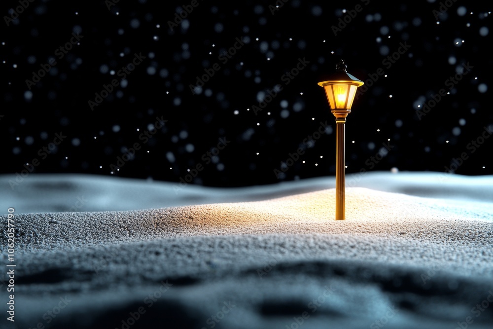 Simple line drawing of snow falling around a streetlamp, capturing the ...