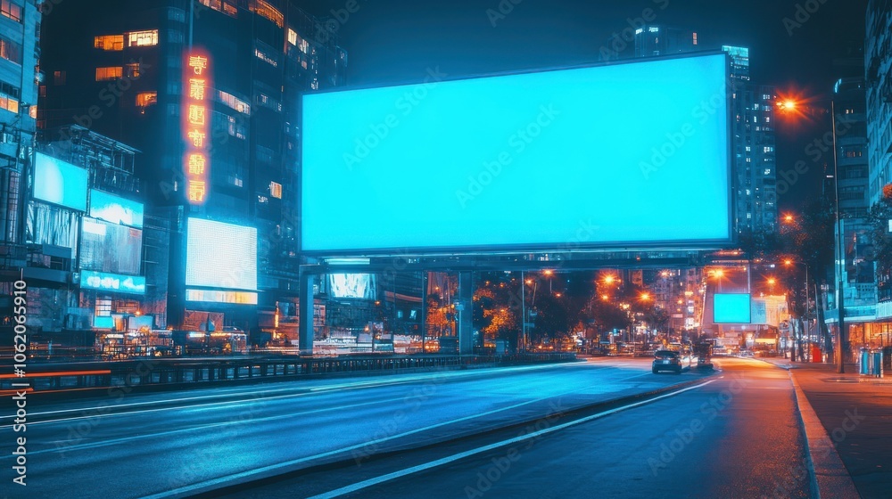 Big blue screen billboard on cyberpunk neon night city street mockup ...