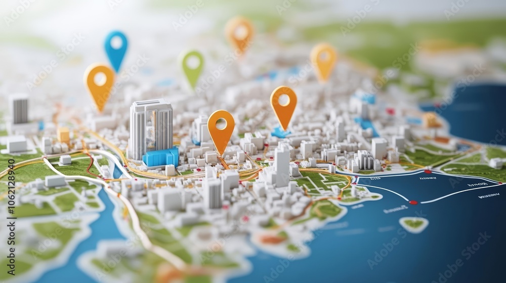 Detailed digital map with marked locations and vibrant pins, showcasing ...