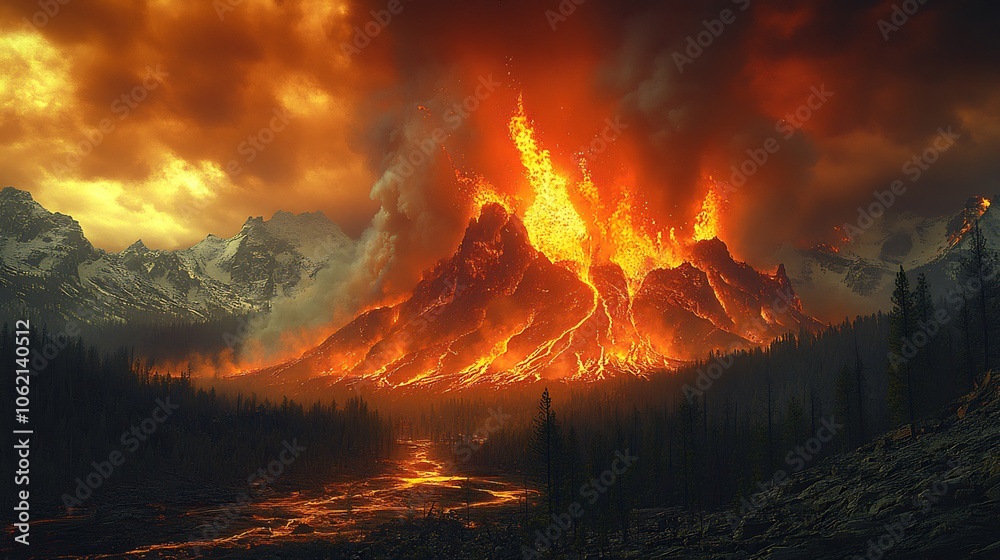 Lava flows prehistoric volcanic eruption as ash darkens sky ...