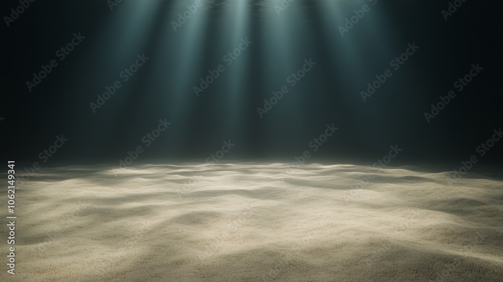 Empty ocean floor with soft light beams penetrating the deep, creating ...