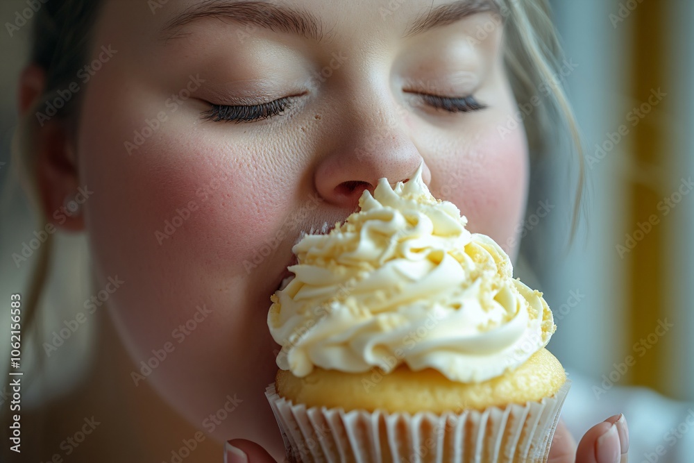 An obese woman eats a cream-filled cupcake, a close-up photo of her ...
