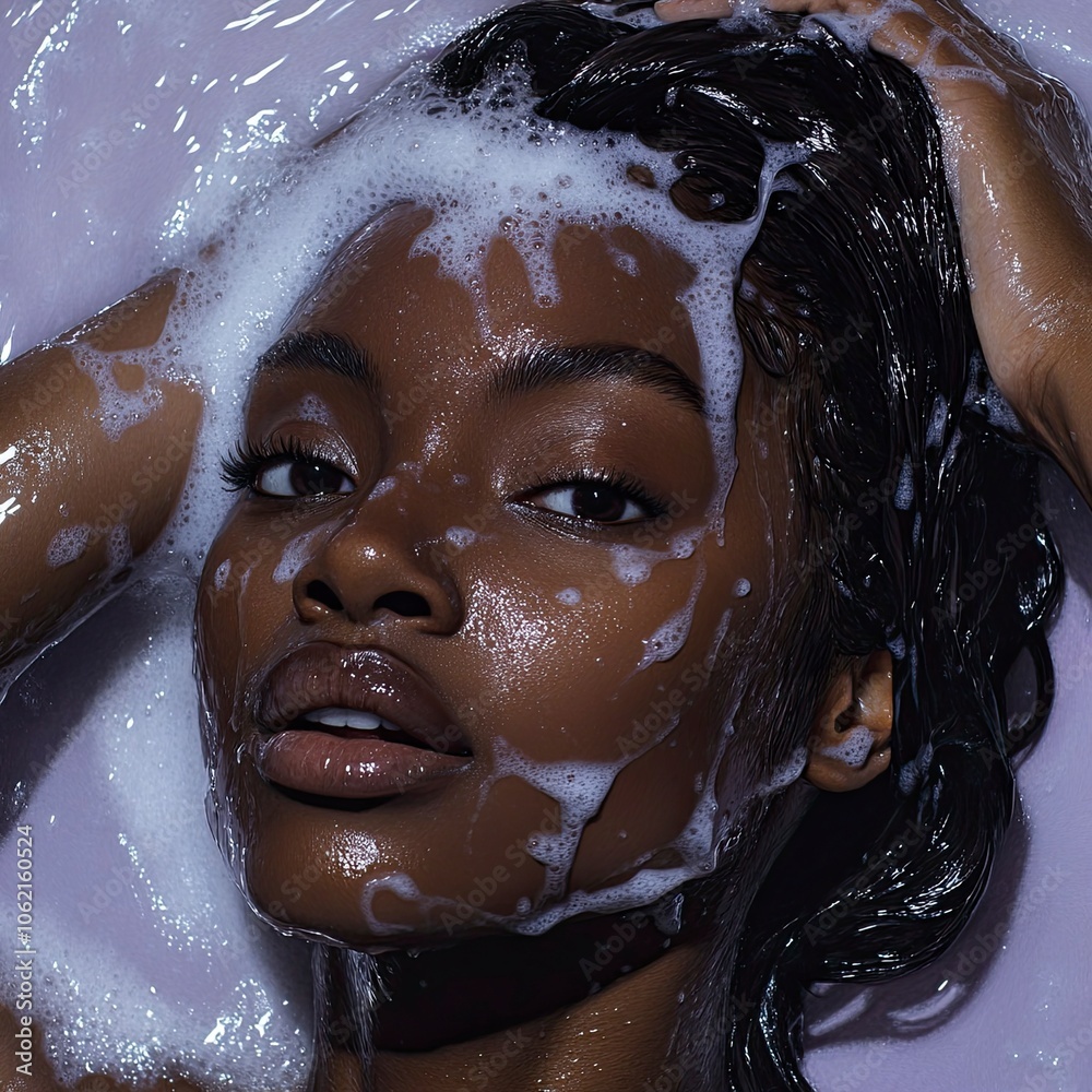 create a hyper realistic, well detailed black model washing her hair ...