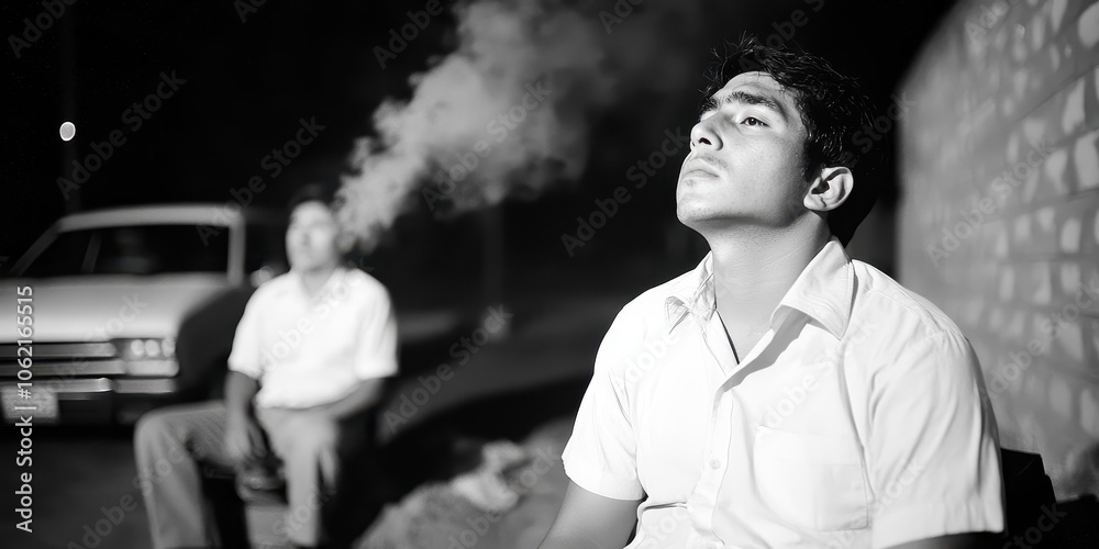 Two individuals relaxing at night, one exhaling smoke, captured in ...