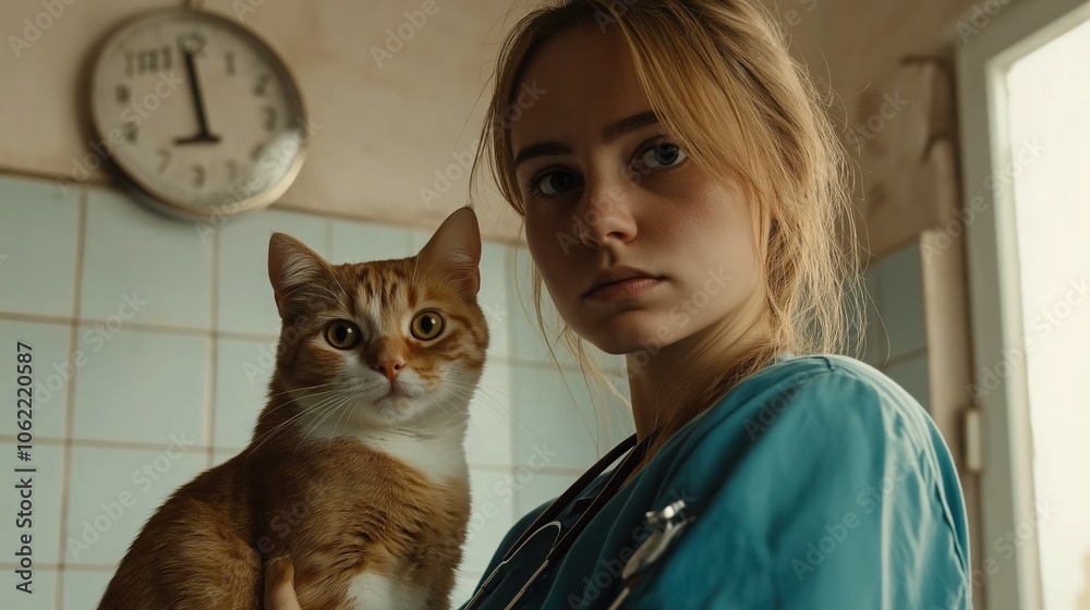Cat calmly lying on veterinary examination table, trusting environment for health check. Animal ...