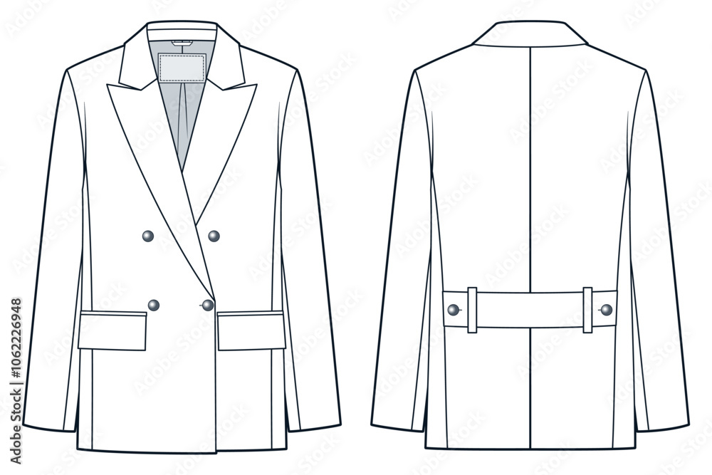Jacket Coat technical fashion illustration. Double breasted Coat ...