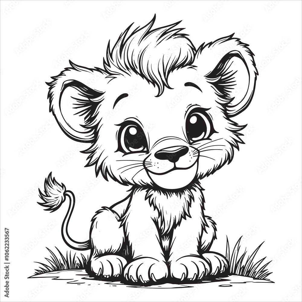 ute lion drawing outline coloring page for kids illustration vector ...