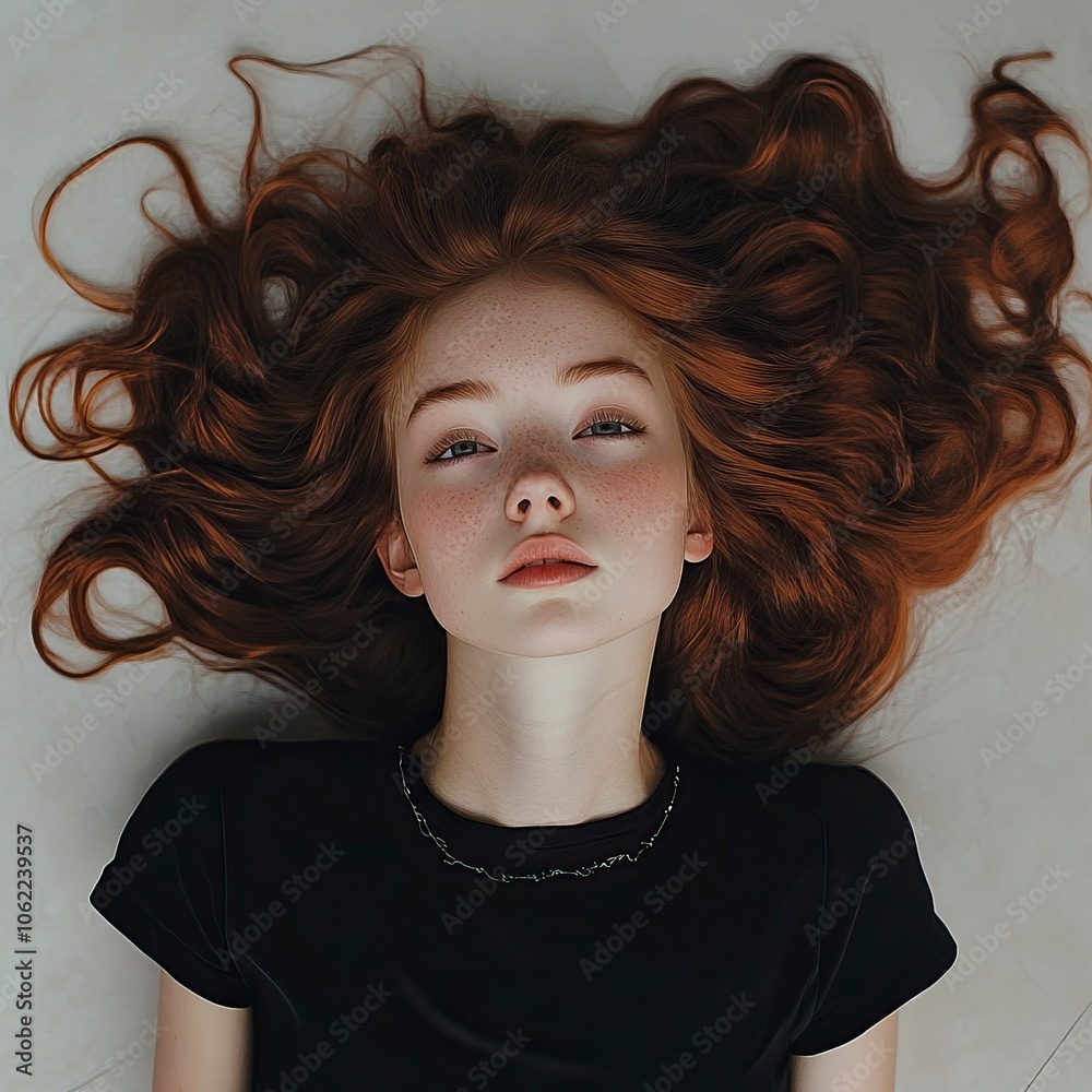 photo realistic girl with thick wavy hair laying down on a solid white ...