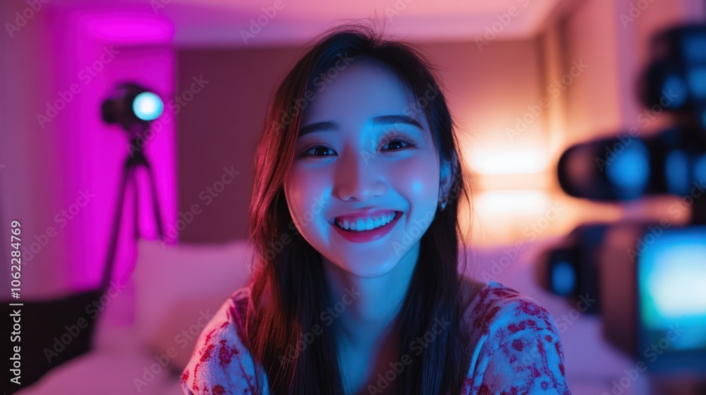 Asia vlogger smiling and enjoying hobbies live on IG/TikTok. Gen Z ...