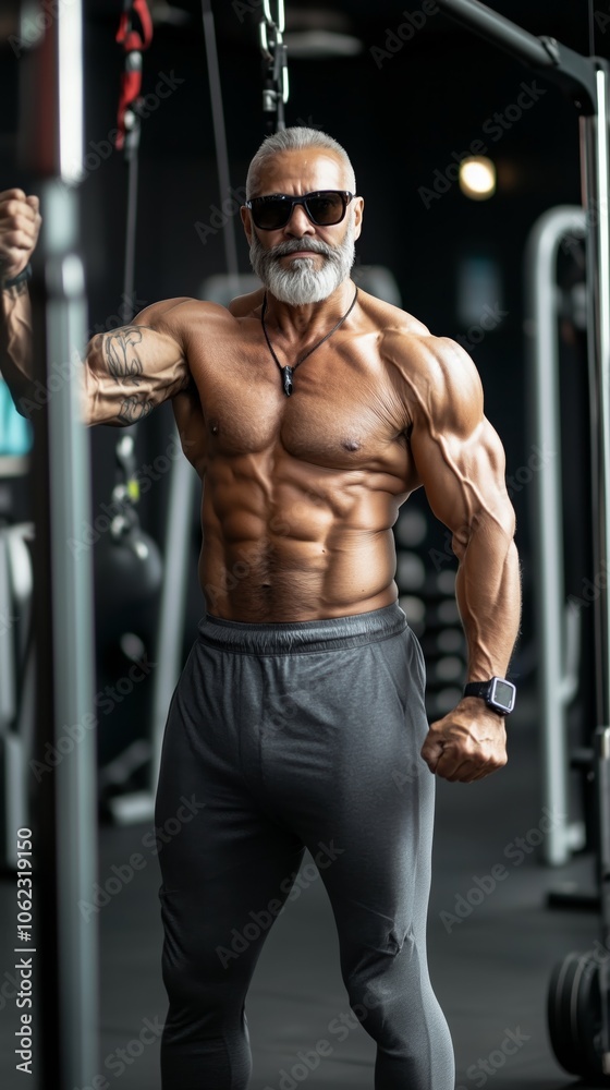 An elderly fitness enthusiast showcasing impressive muscle definition ...