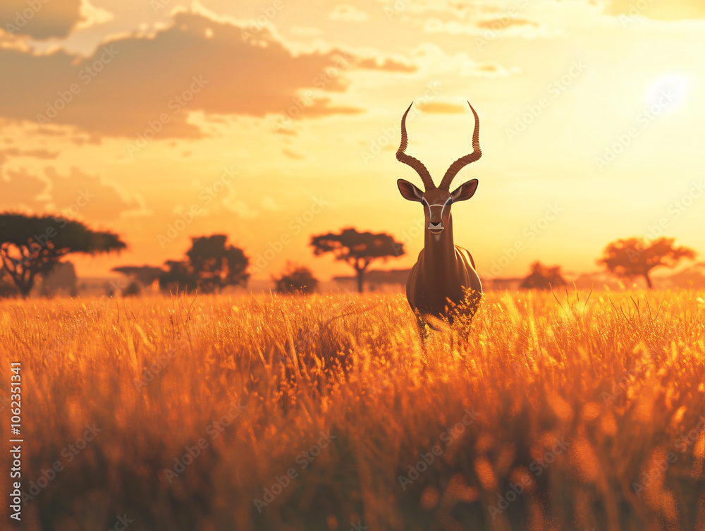 Antelope, standing gracefully on a grassy savannah, with a backdrop of ...