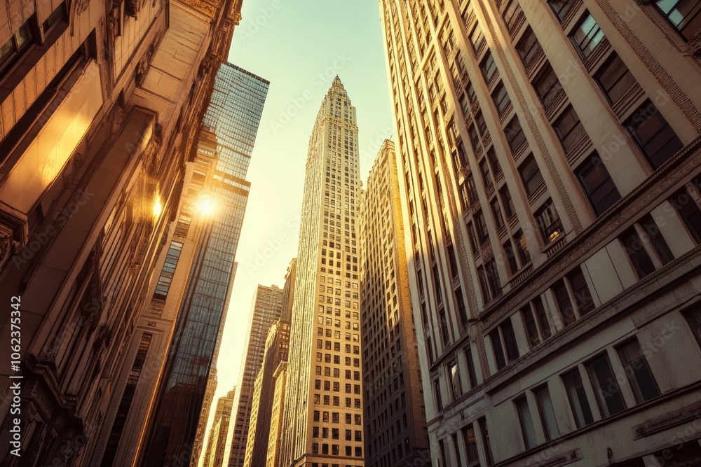 Low Angle View of Iconic Art Deco Skyscrapers in Golden Hour Light with ...