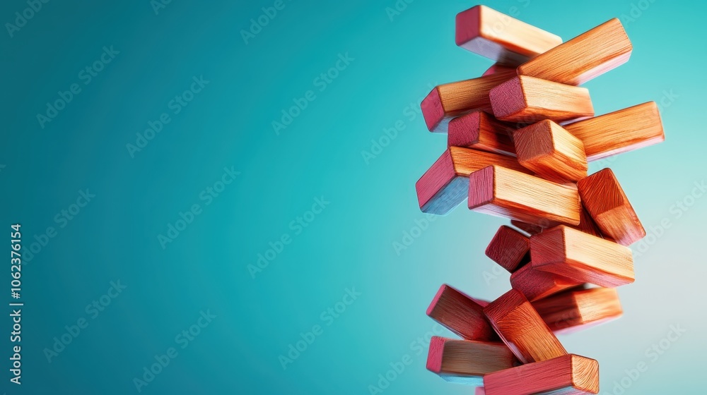 Colorful wooden blocks are stacked in a precarious tower, symbolizing ...