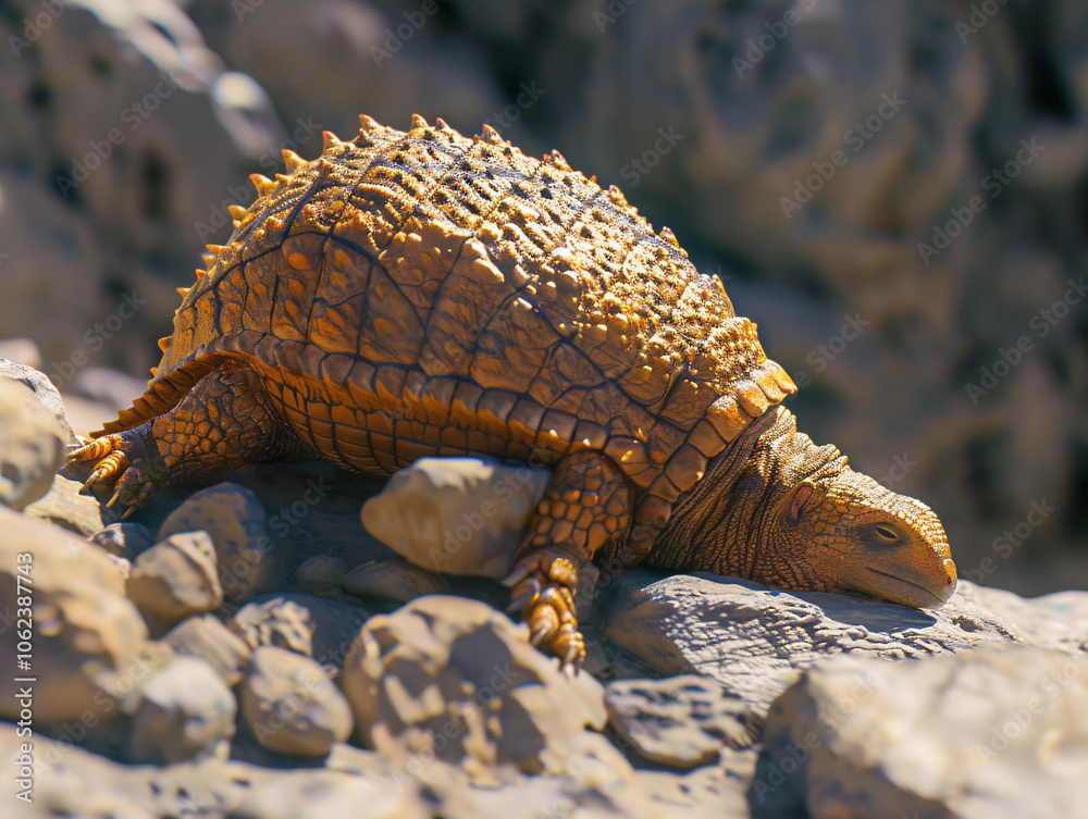 Photo Stock Armadillo Lizard in a natural desert habitat, basking in the sun on a rocky surface ...