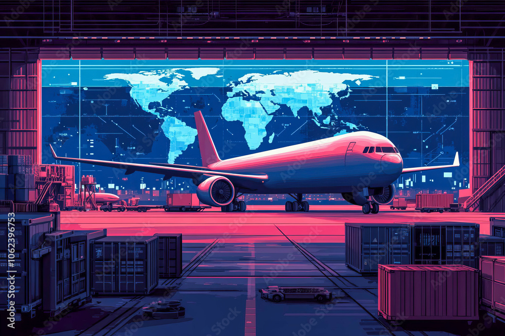 Cargo plane at the airport with cargo containers and symbolic map of ...