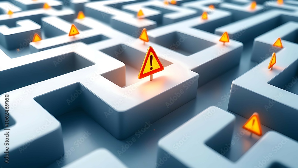 A digital maze with paths leading around warning icons and roadblocks ...