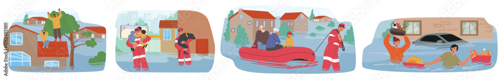 Flood Rescue Scenes Showing Emergency Responders And Civilians Helping ...