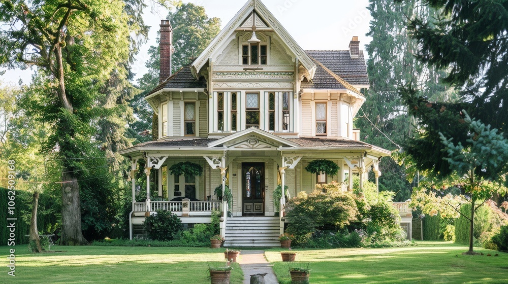 Classic Victorian house with ornate details and a wraparound porch ...