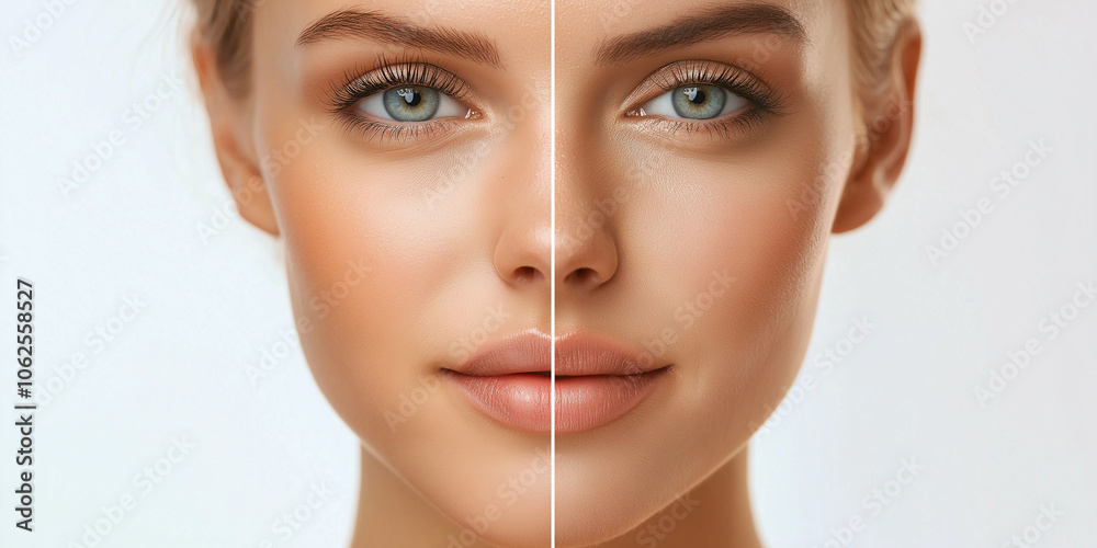 Woman showing makeup foundation applying on face skin before and after ...