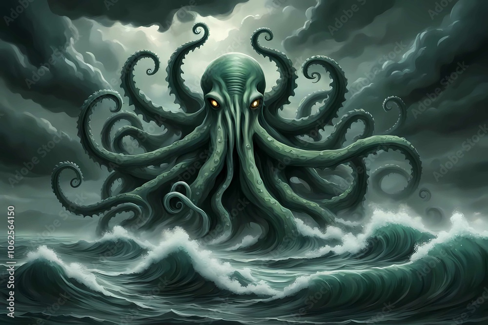 Mysterious sea creature's tentacles rise, turbulent waters clash, ominous skies above, eerie ...