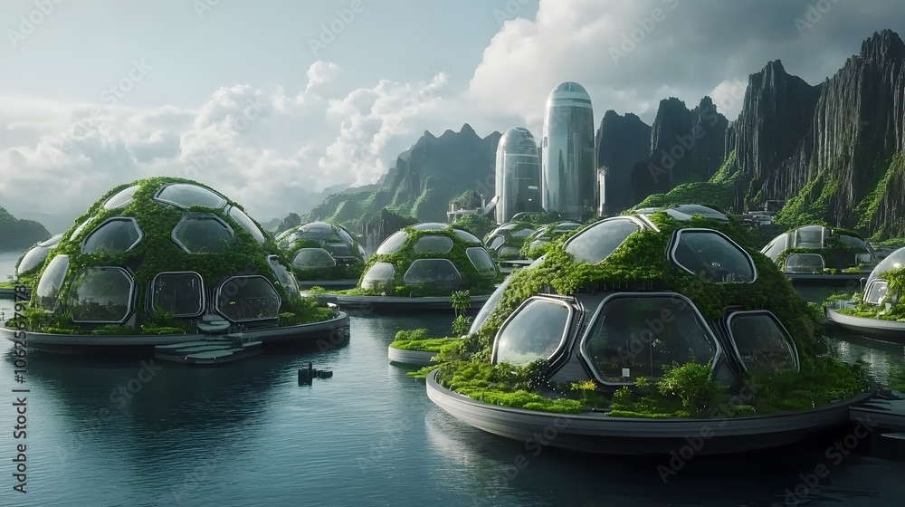 Drone photography of a floating green city with dome-shaped structures ...