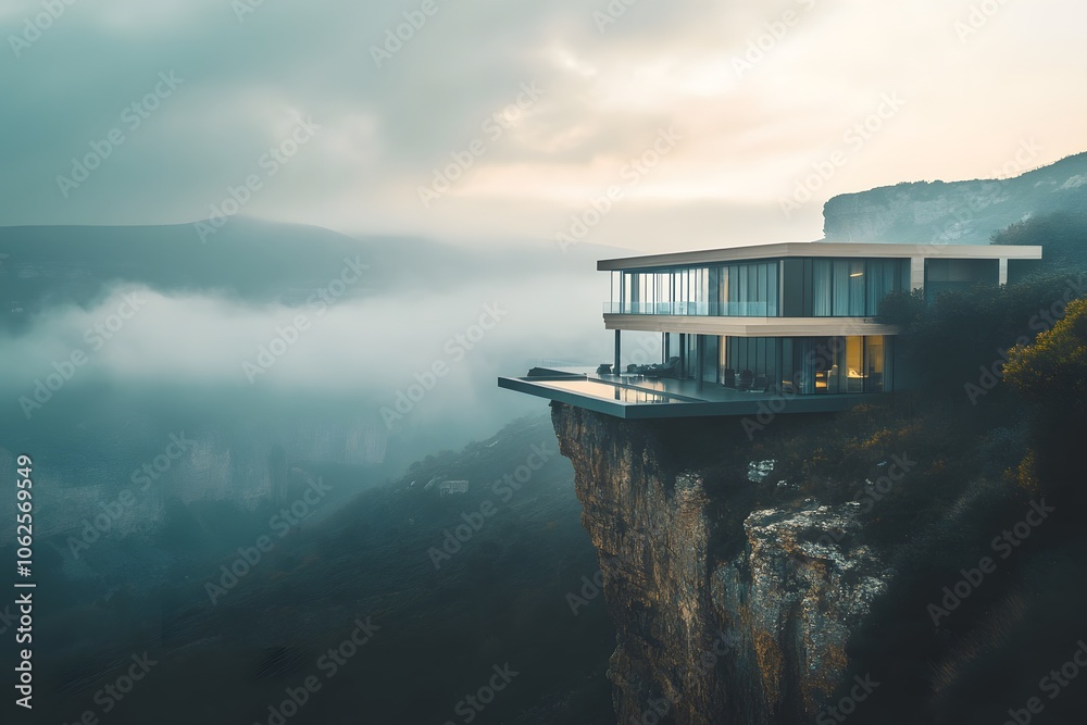 Drone photography of a minimalist cliffside mansion with a cantilevered ...