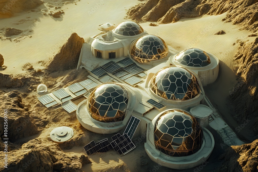 Drone photography of a sci-fi inspired desert resort with energy domes ...