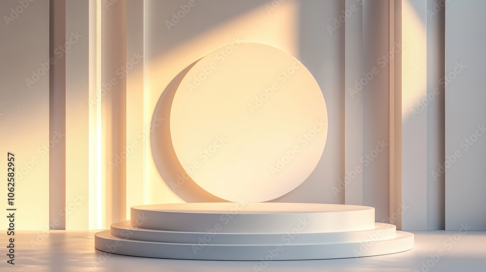 White Circular Platform with a Large Circle Behind it and Sunlight ...