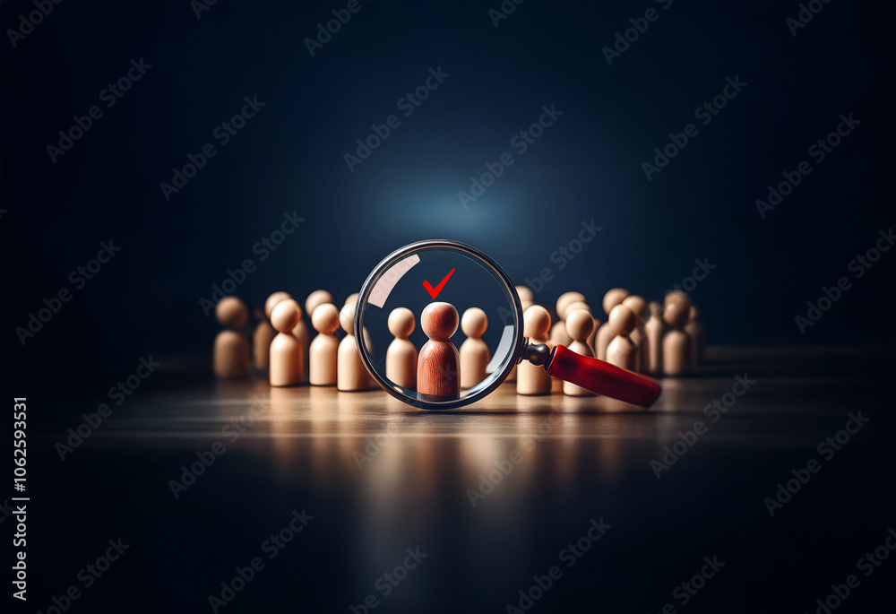 A magnifying glass focuses on a single wooden figure with a red check ...