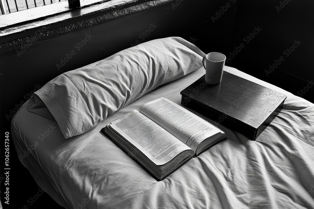Detailed image of a worn bed and small desk in a prison cell, capturing ...