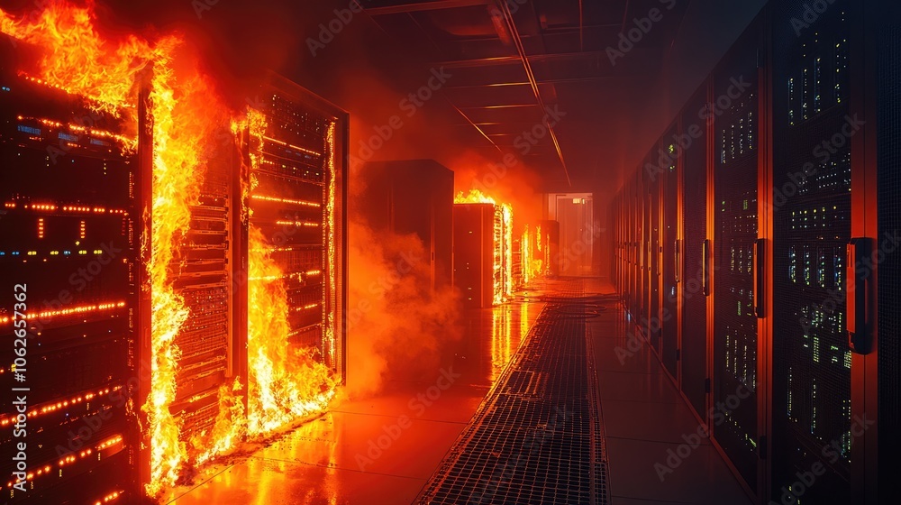 A server room engulfed in flames. This image can be used for ...