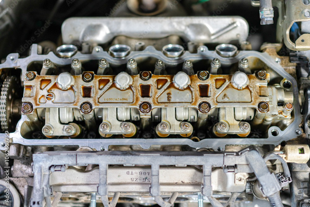 Disassembled the car engine to replace the valve cover gasket, adjust ...