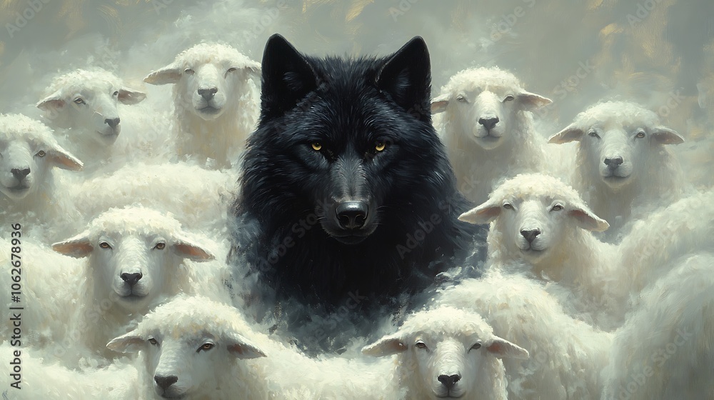 A bold black wolf centered among a dense flock of serene white sheep ...