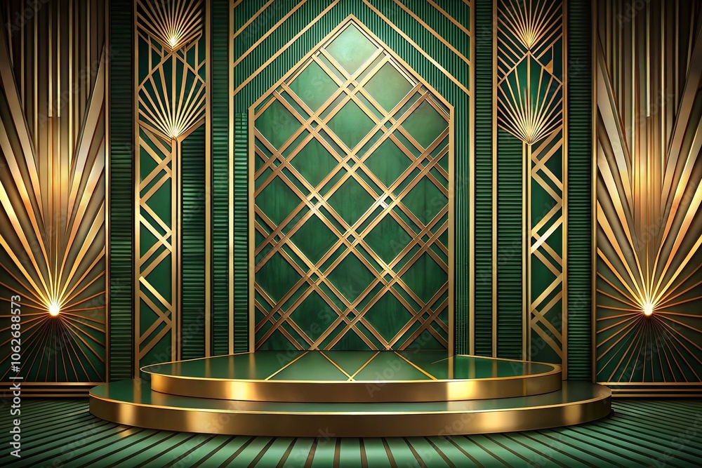 Art Deco style stage with green and gold accents and geometric pattern ...