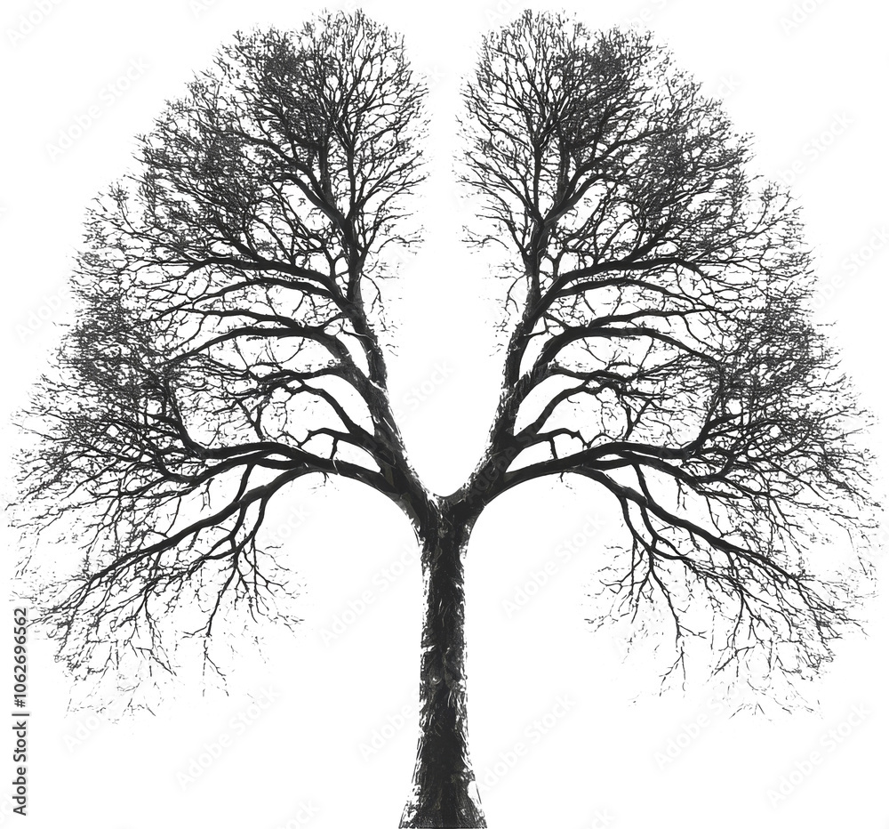 Tree forming lung shape, black and white silhouette on transparent ...
