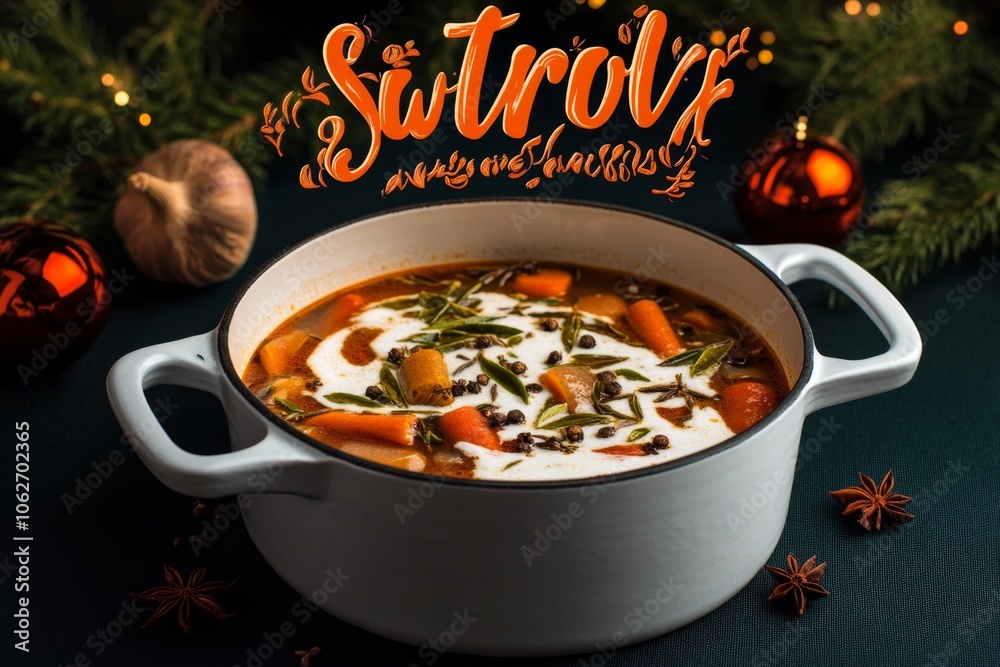 Vintage-style poster of a pot of soup simmering with herbs and spices ...