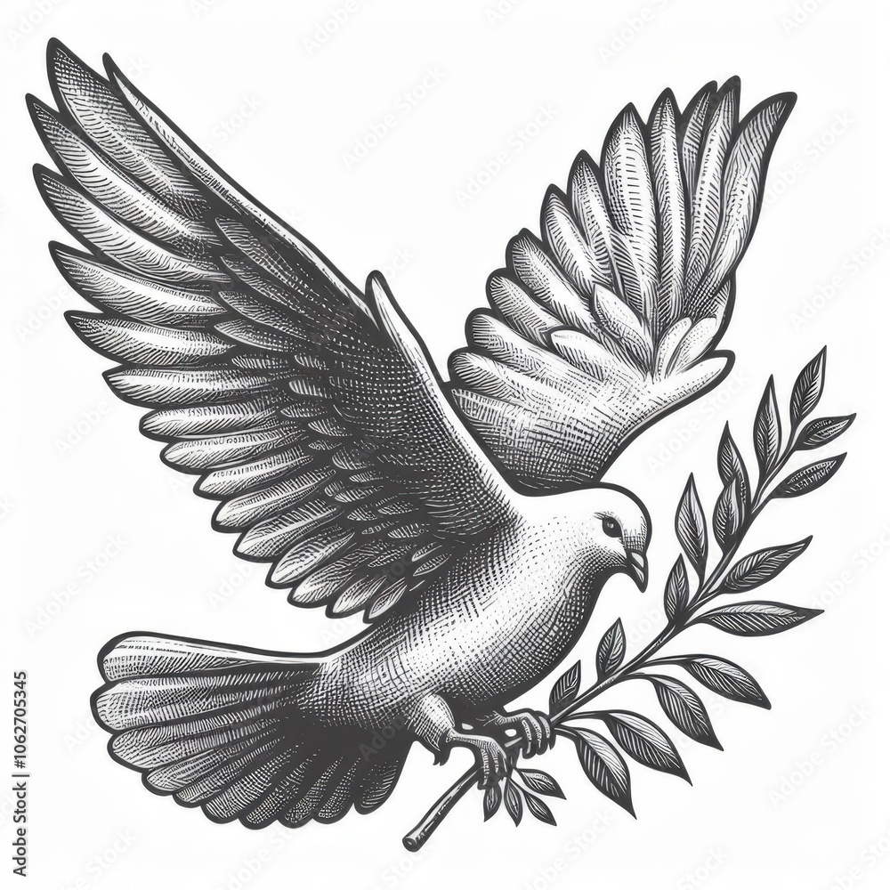 dove in flight, sketch engraving generative ai raster illustration ...