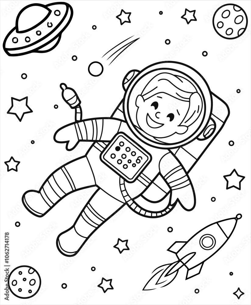 Astronaut floating in space wearing spacesuit with helmet. Children's ...
