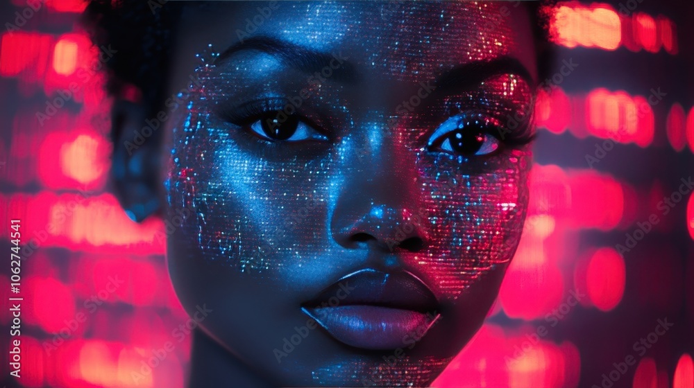 AI Generated Image. Hologram of the black woman face composed of vibrant digital pixels against ...