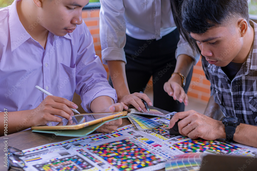 Team graphic designer checking print quality of media graphics proof ...