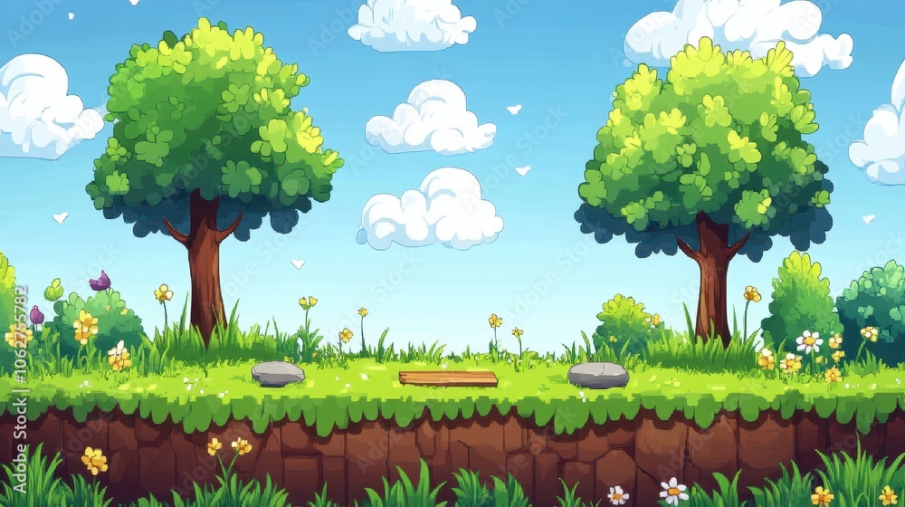 Pixel art arcade game scene with trees, clouds, board, stones, 8bit background. Tree and bush ...