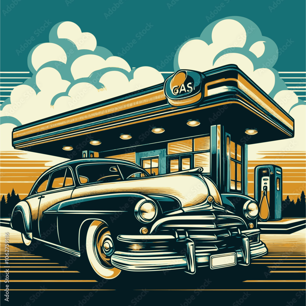 Car gas station in retro style. Classic car with gas station. Multilayer SVG file without gaps ...
