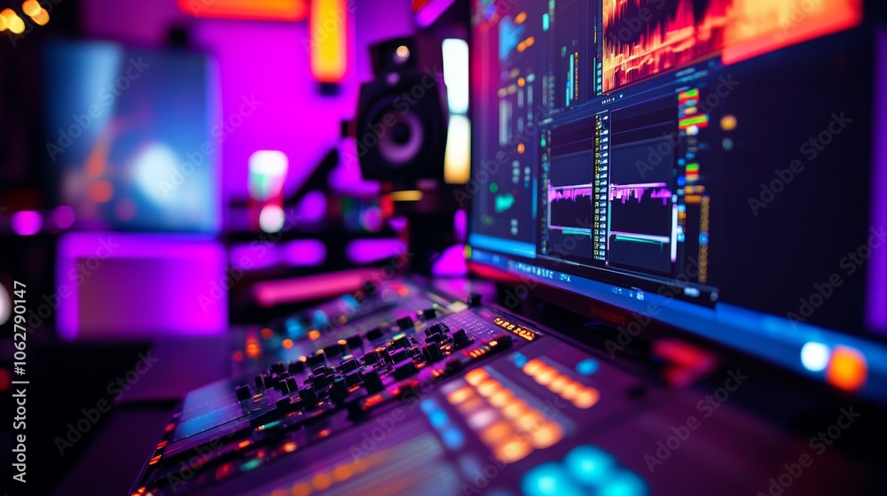 Video editing services on a creative studio background with vibrant ...