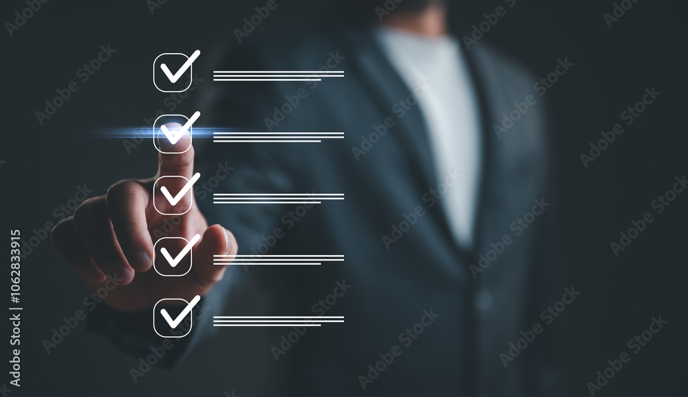 Quality check, Businessman makes a checklist Assessment and ...