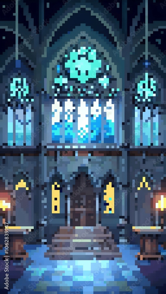 Gothic cathedral interior pixel art background. 8-bit game assets Stock ...