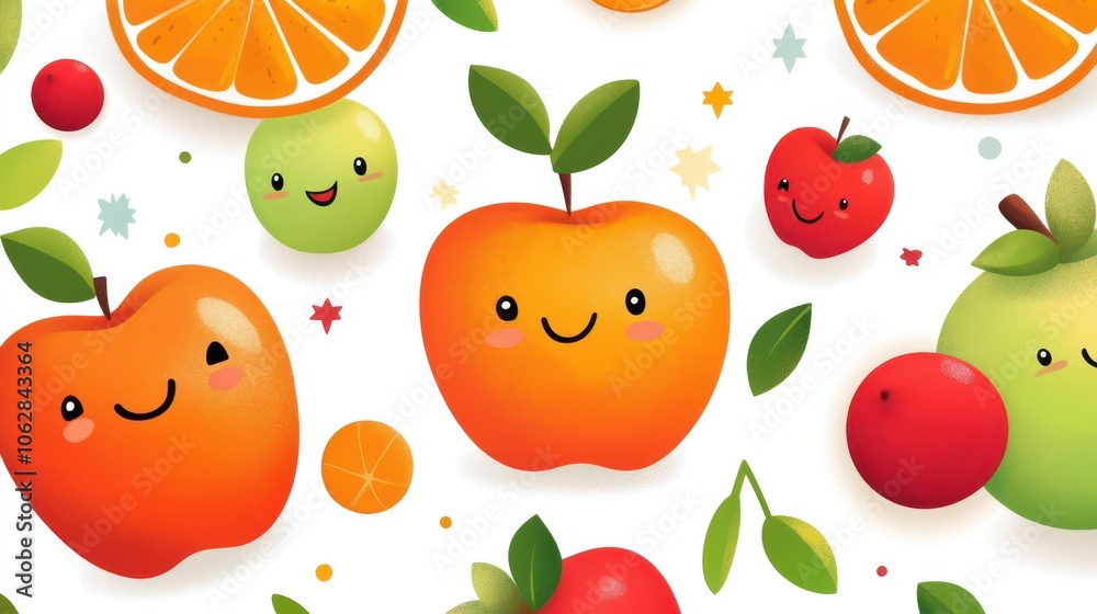 Cute fruit clipart with smiling faces on apples and oranges Stock ...