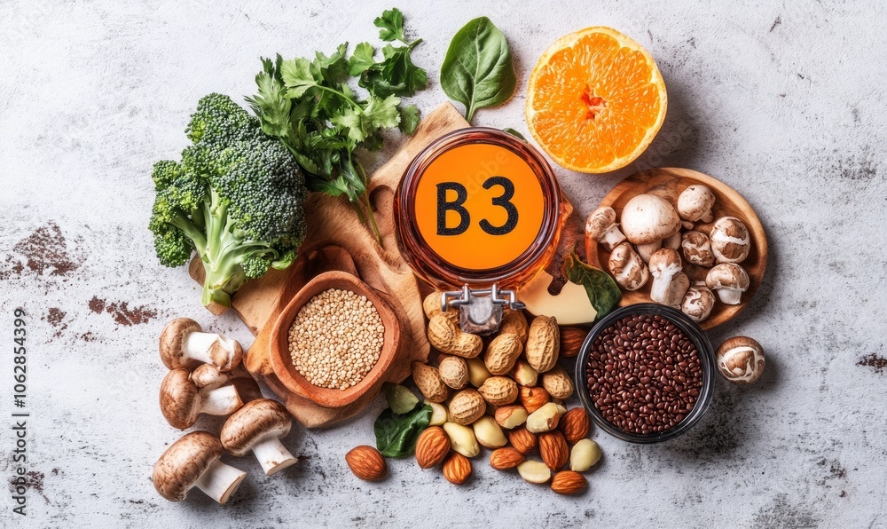 Ilustración de Stock Nutritious foods high in vitamin B3 niacin ...