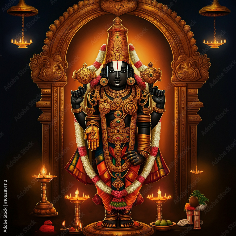 A divine depiction of Lord Venkateswara surrounded by a glowing temple ...