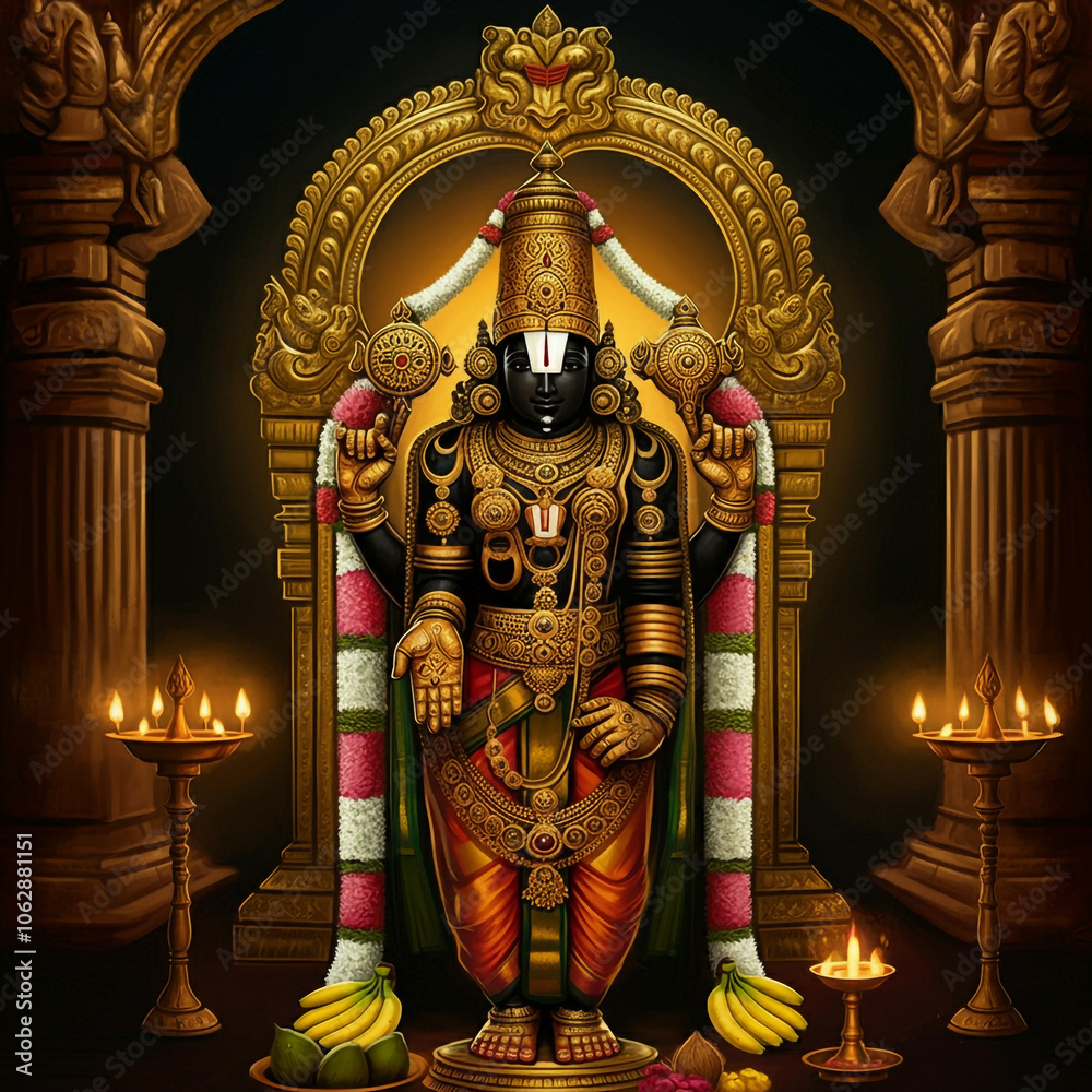 Majestic image of Lord Venkateswara against an ornate temple background ...