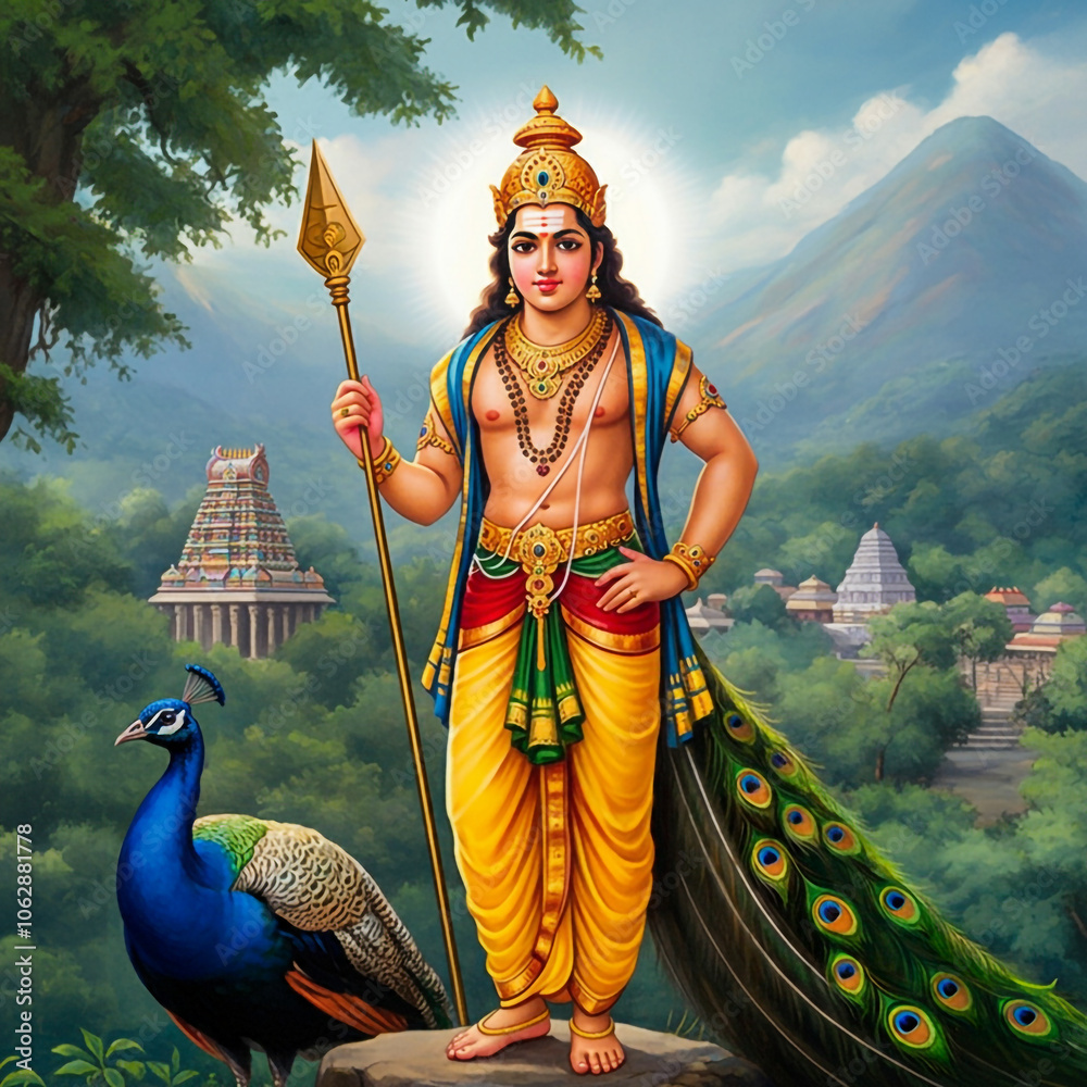 Depiction of Lord Murugan with his Vel and peacock, standing amidst a ...